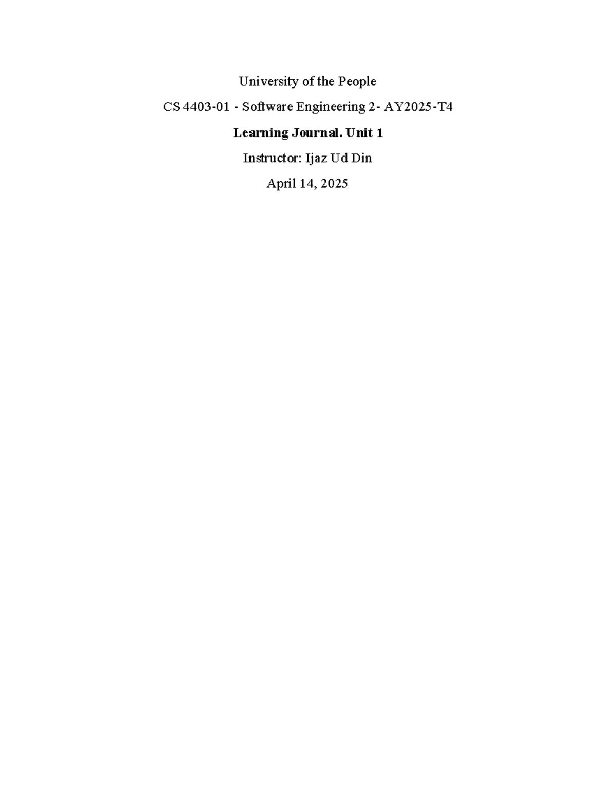 CS 4403-01 Learning Journal: Software Engineering Insights Unit 1 - Studocu