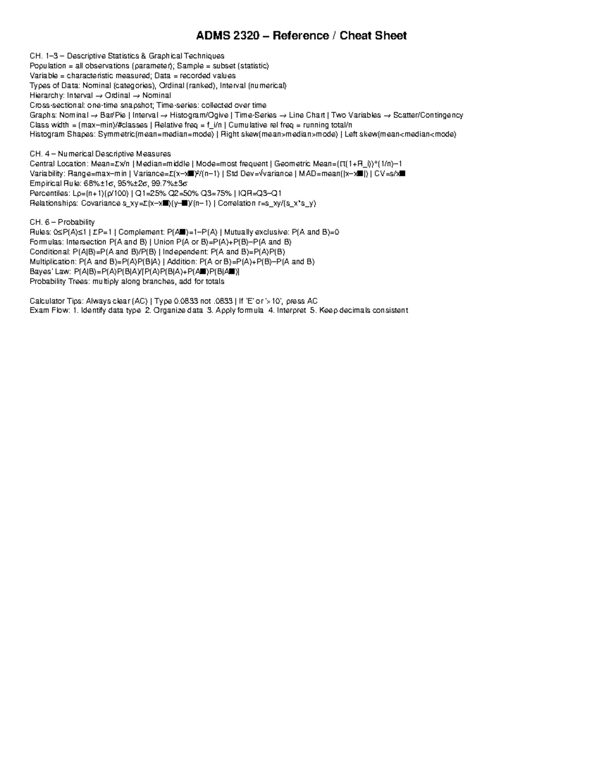 ADMS 2320 Descriptive Stats & Probability Cheat Sheet - Studocu
