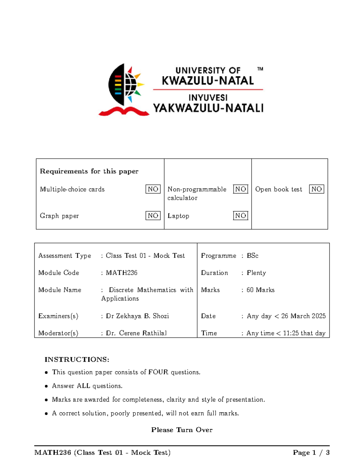 MATH236 Discrete Mathematics Class Test 01 Mock Test Requirements - Studocu