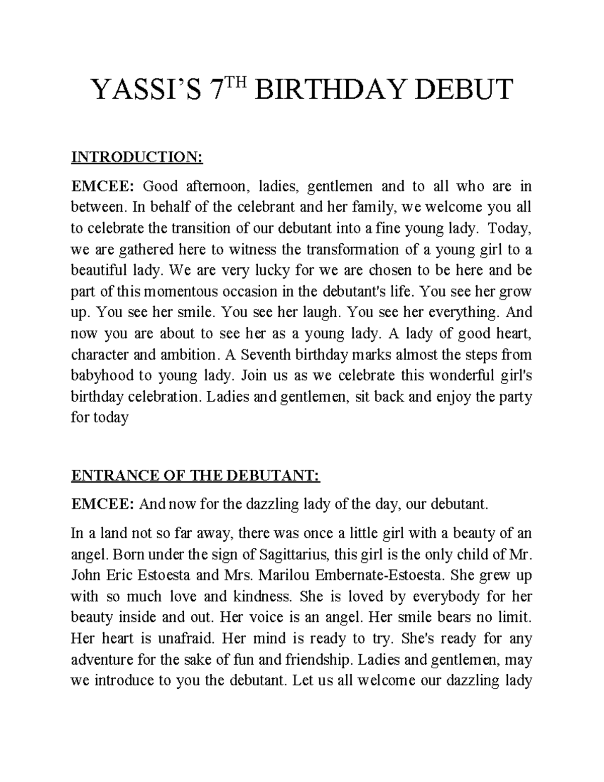 Yassi's 7th Birthday Debut Celebration Program - Studocu