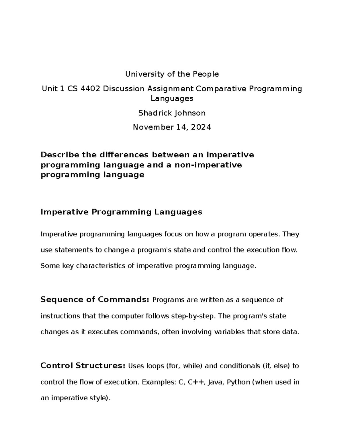 CS 4402 Comparative Programming Unit 1 Discussion Post Final ...