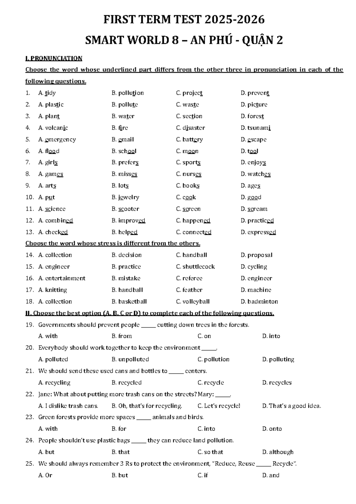 SW8 - First Term Test: Pronunciation & Environmental Awareness - Studocu