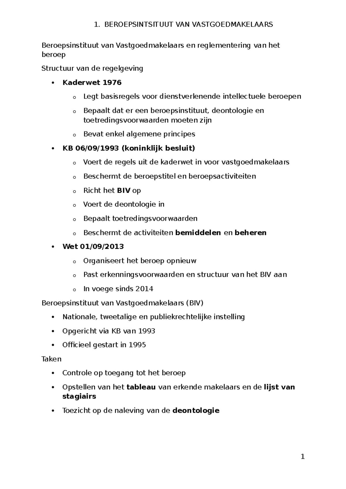 BIV 1: Structuur en Reglementering van Vastgoedmakelaars - Studocu