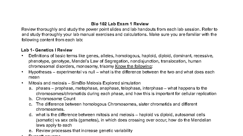 Bio 102 Lab Exam 1 Review Sheet - Fall 2025 - Studocu