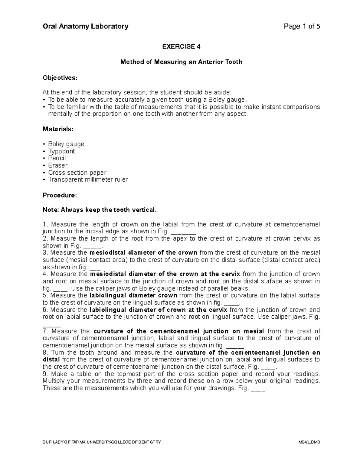 Methods for Measuring Anterior Teeth - EXERCISE 4 - Studocu