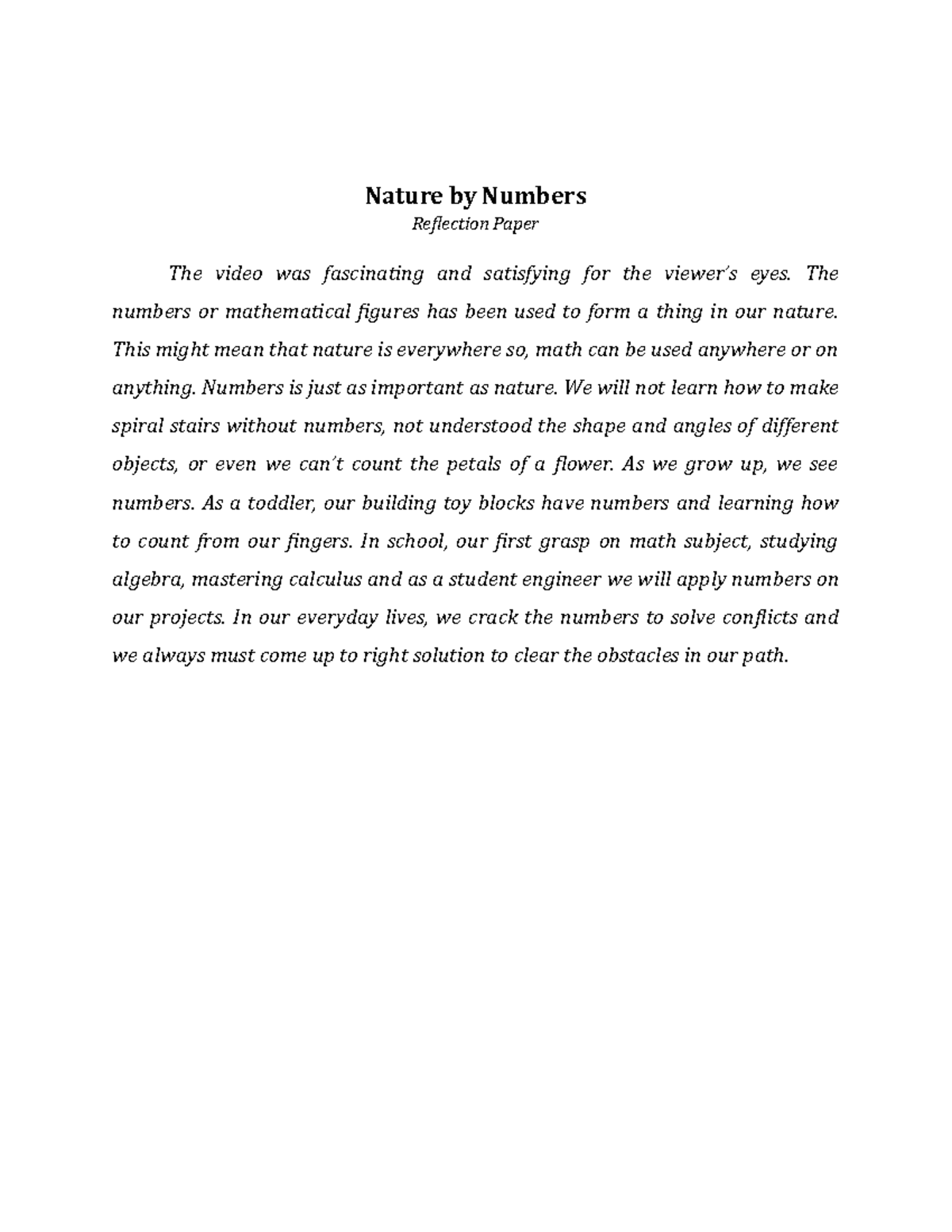 Nature by Numbers (Reflection paper) - Nature by Numbers Reflection ...