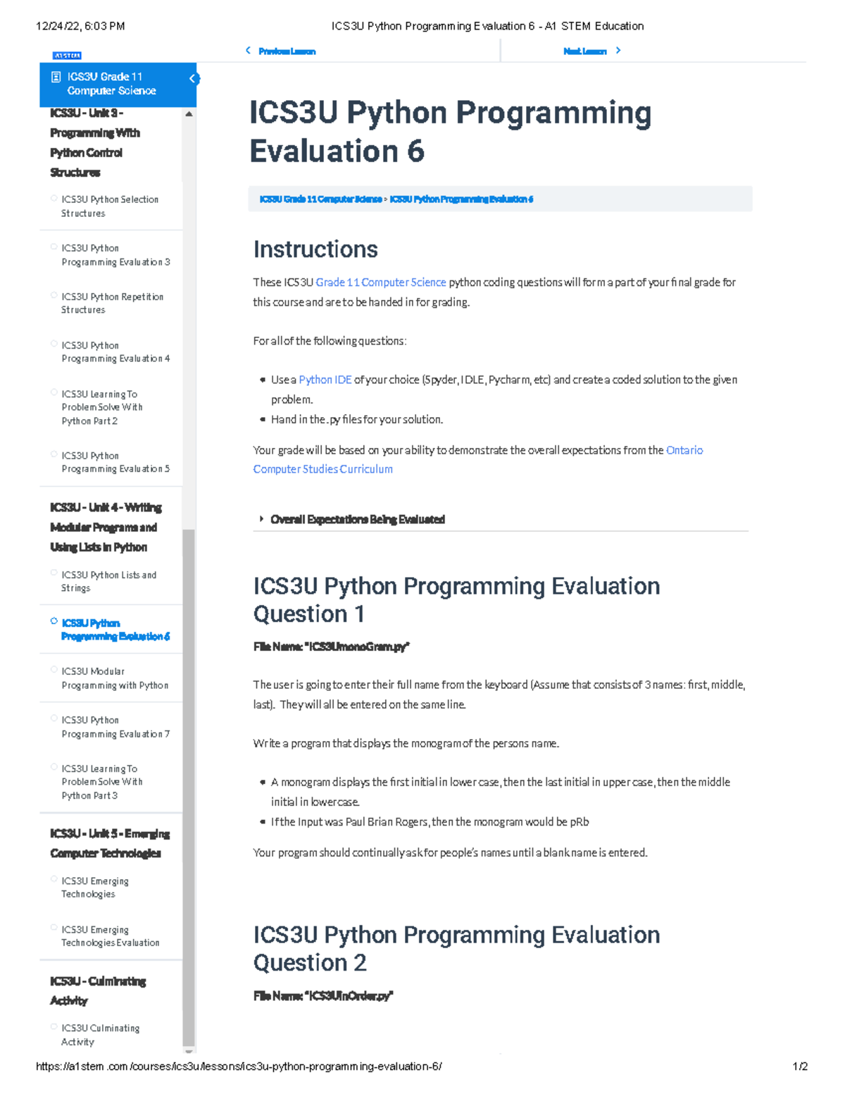 ICS3U Python Programming Evaluation 6 - Coding Questions Guide - Studocu