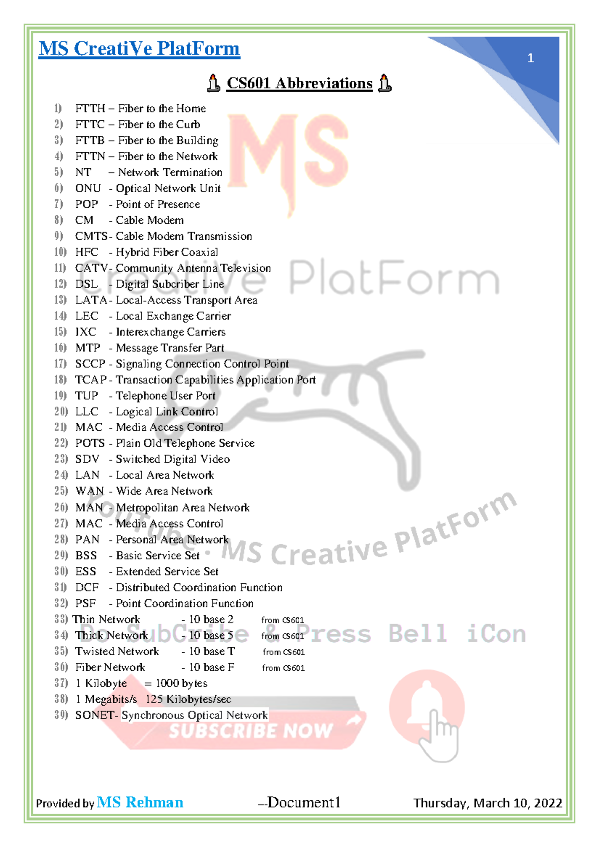 CS601 Abbreviations for Creative Platform 1 by MS Rehman - Studocu