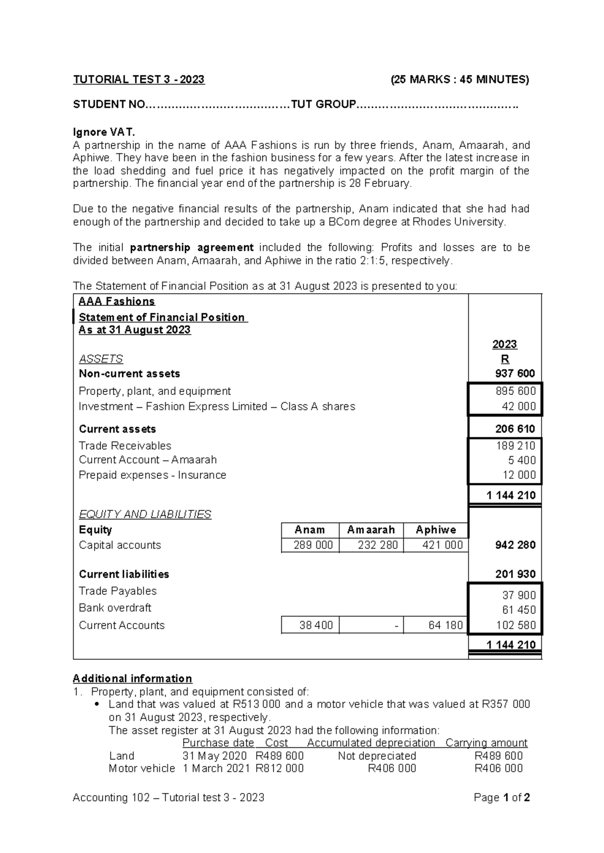 Accounting 102: Tutorial Test 3 - Partnership Financial Analysis - Studocu