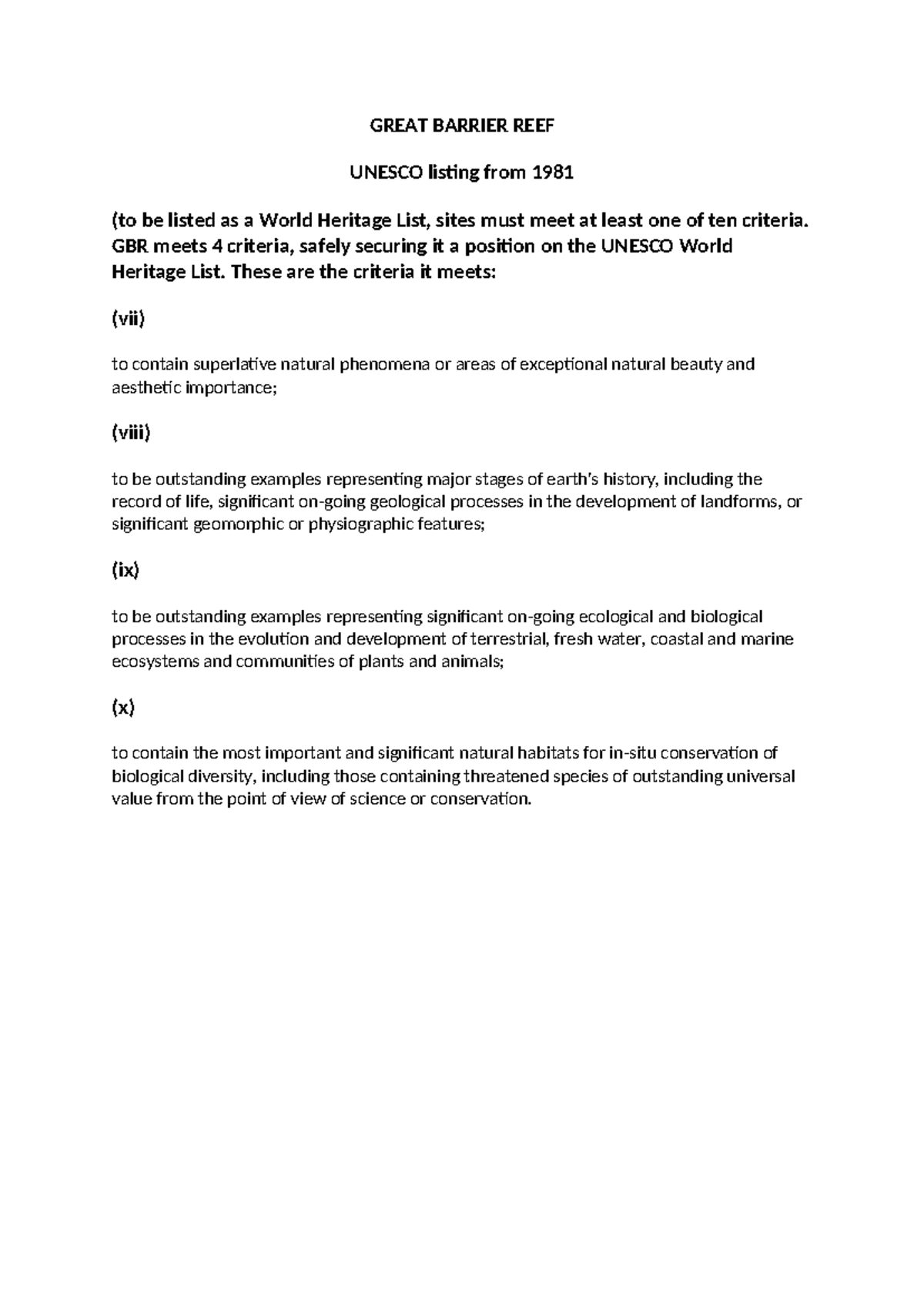 UNESCO Criteria for Great Barrier Reef (GBR) World Heritage Status ...