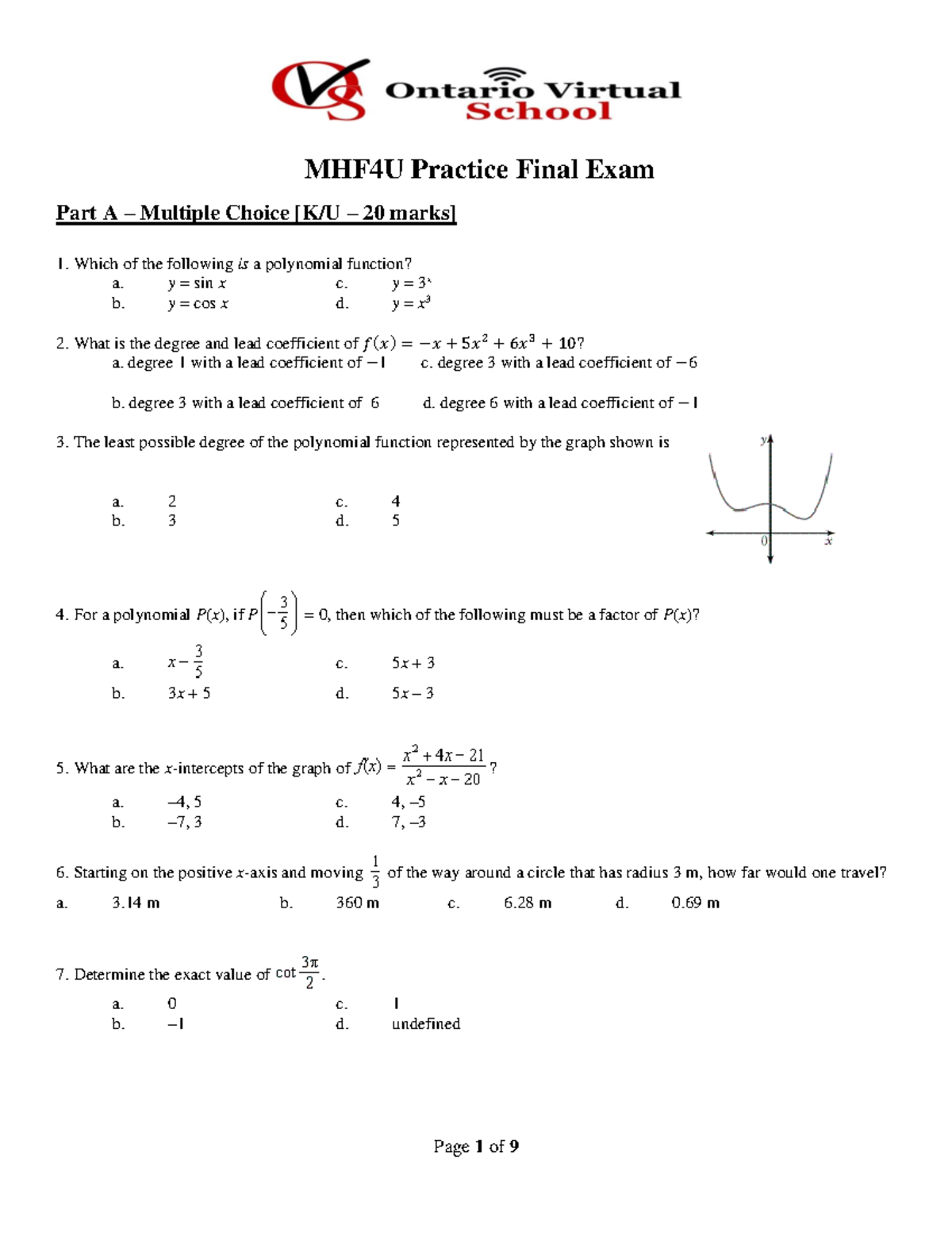 Final Exam Practice - MHF4U - MHF4U Practice Final Exam Part A ...