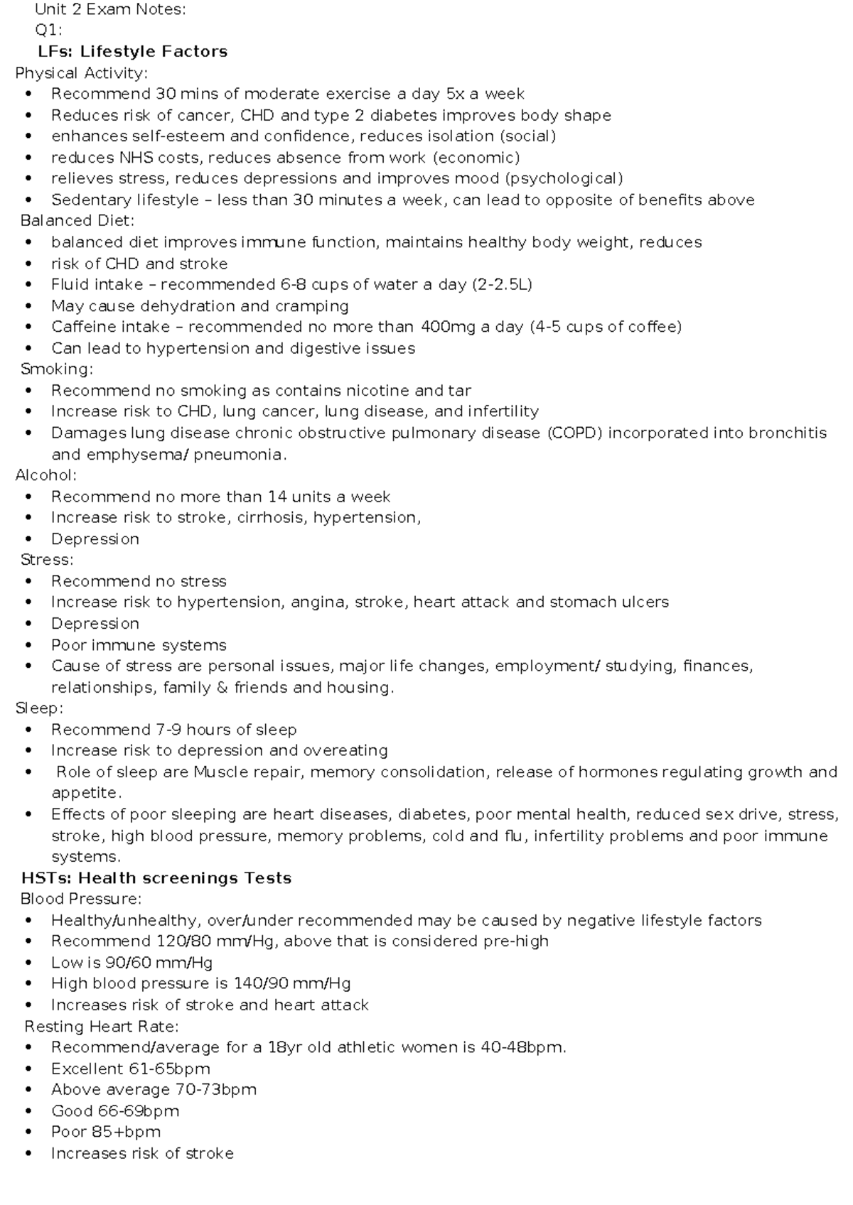 Unit 2 HST Exam Notes - Lifestyle Factors and Health Recommendations ...
