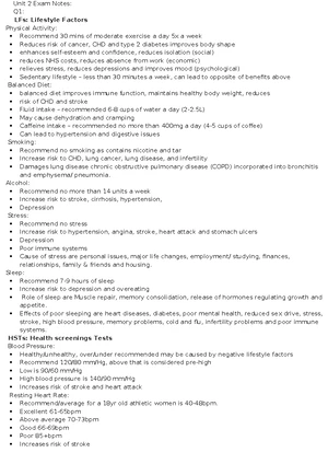 Unit 2 HST Exam Notes - Lifestyle Factors and Health Recommendations ...