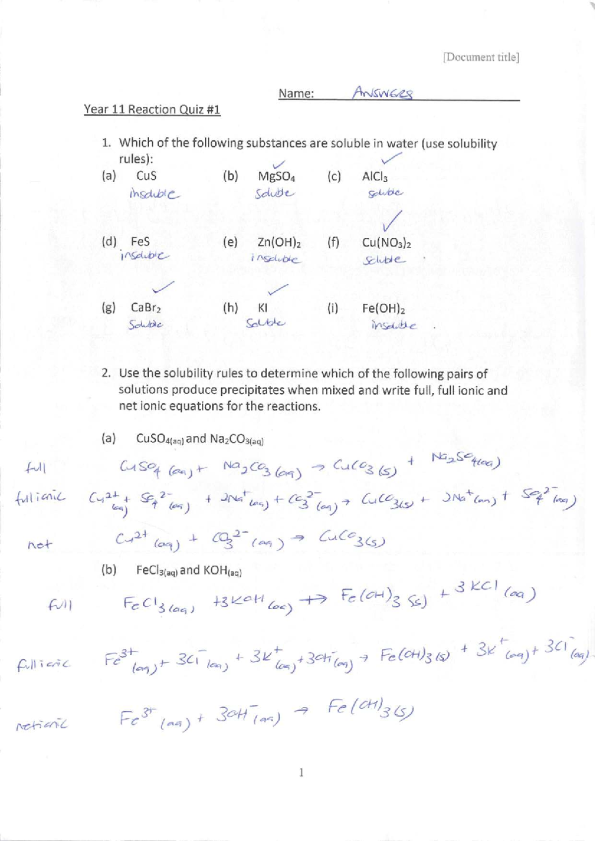 Year 11 Chemistry: Answers to Reaction Quiz 1 - Studocu