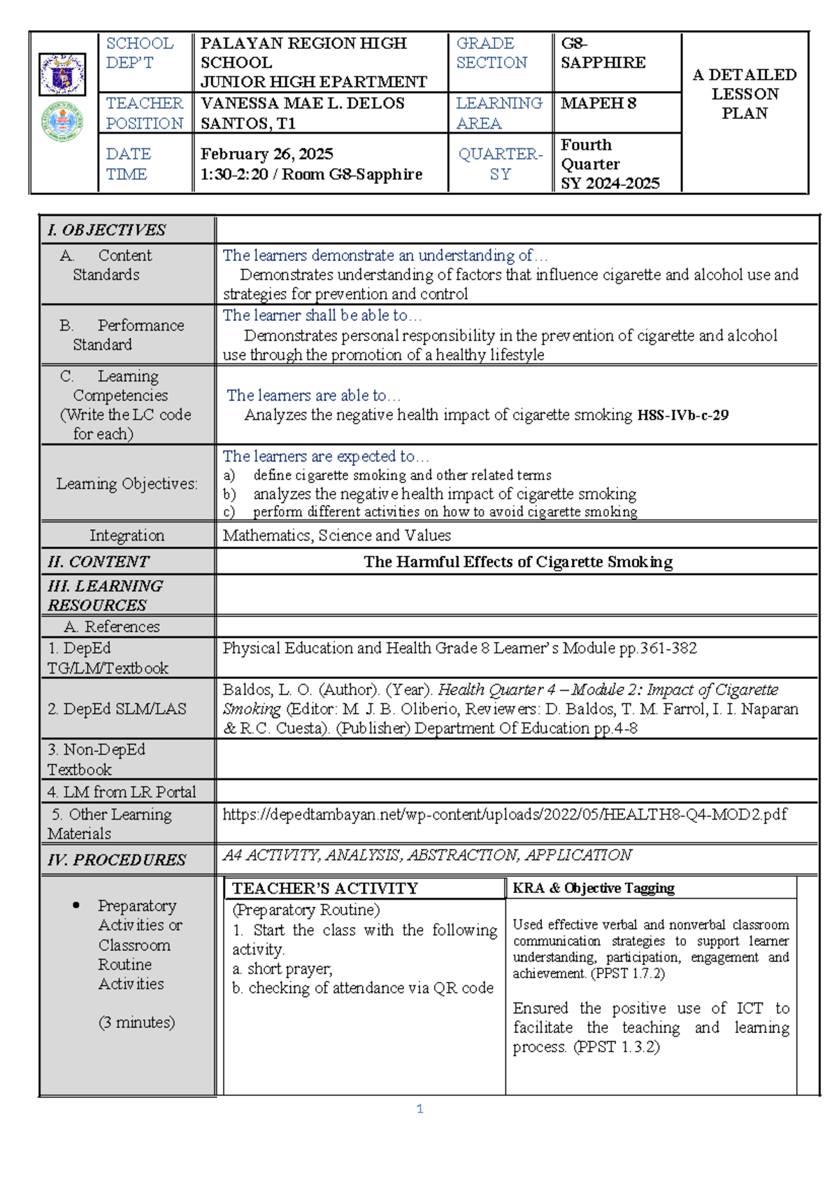 CO Health - sample lesson plan - I. OBJECTIVES A. Content Standards The ...