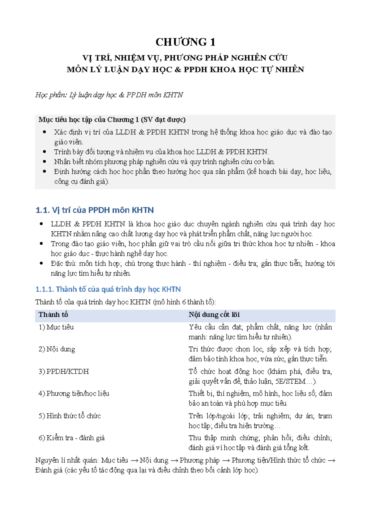 Tóm tắt Chương 1: Vị trí và Nhiệm vụ LLDH PPDH KHTN - Studocu