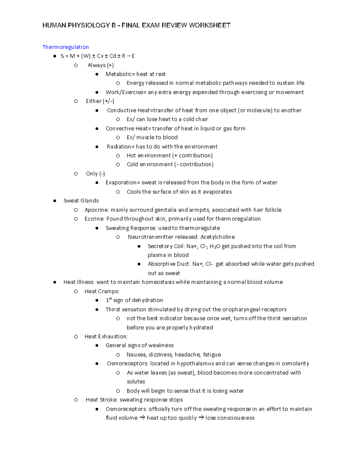 HUMAN PHYSIOLOGY B - FINAL EXAM REVIEW WORKSHEET AND KEY CONCEPTS - Studocu
