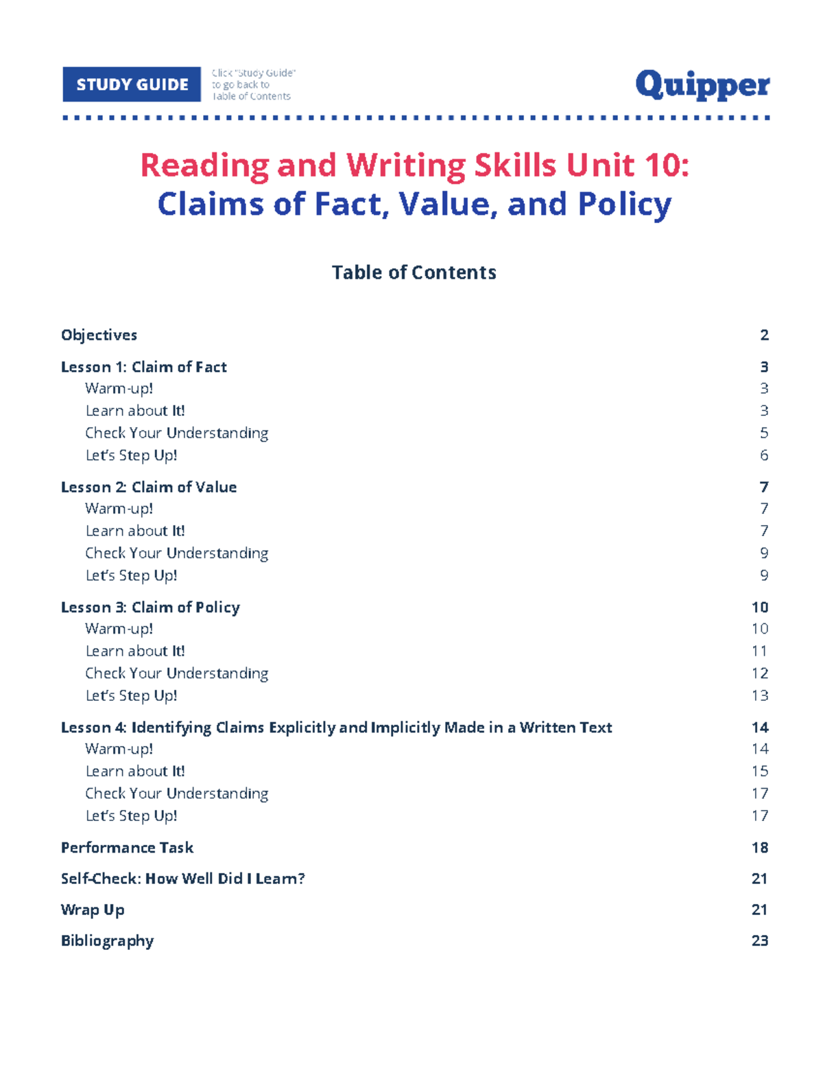 Claims of Fact, Value, and Policy in Reading & Writing Skills (Unit 10 ...