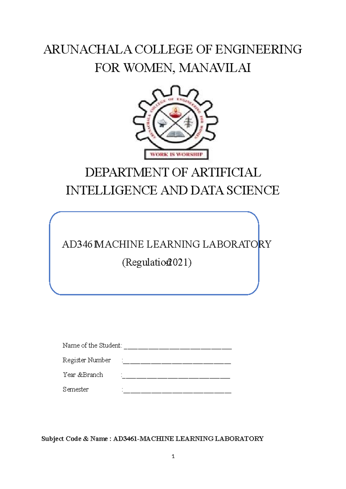 ML Laboratory (AD3461) - Experiments, Vision & Mission Overview - Studocu
