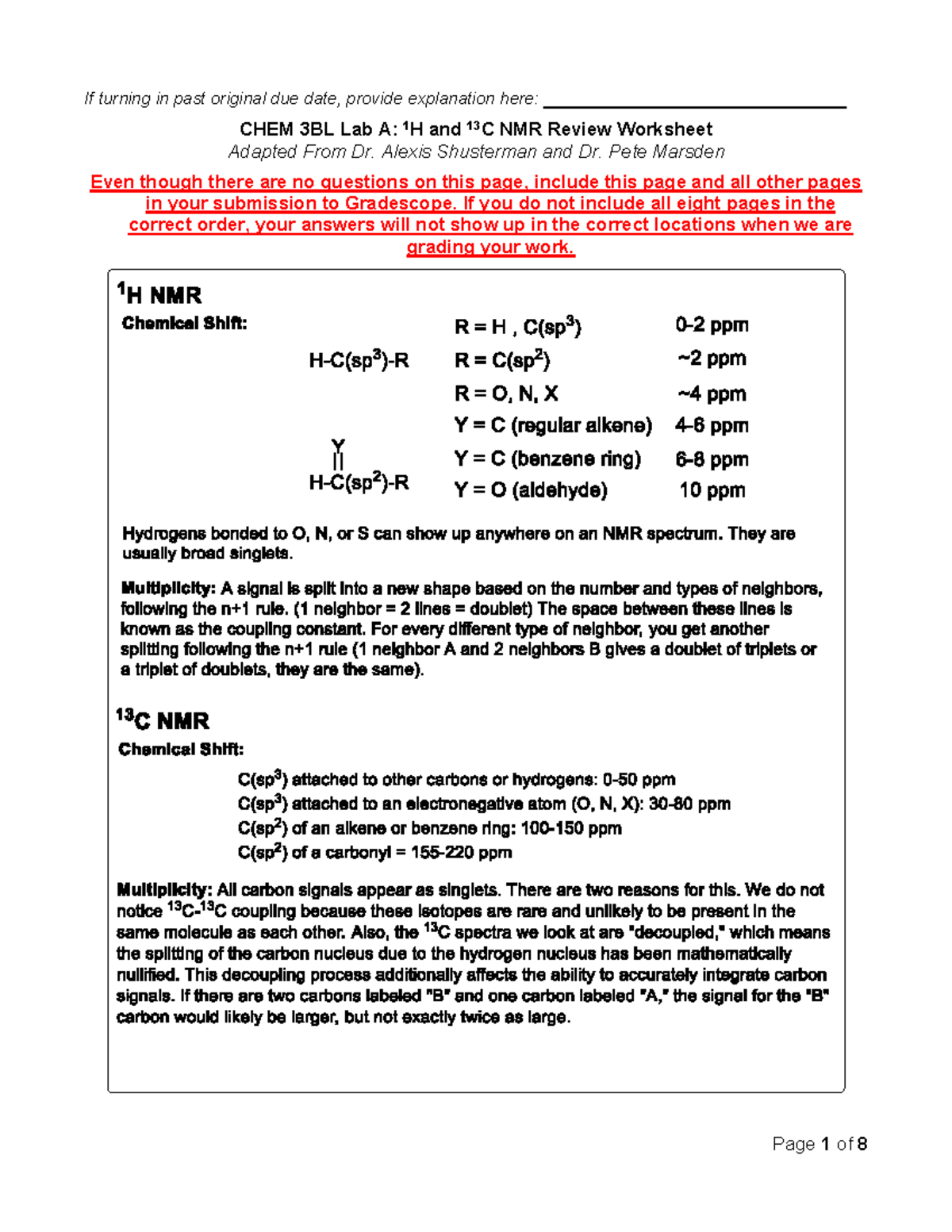 CHEM 3BL Lab A: 1H & 13C NMR Review Worksheet Guide - Studocu