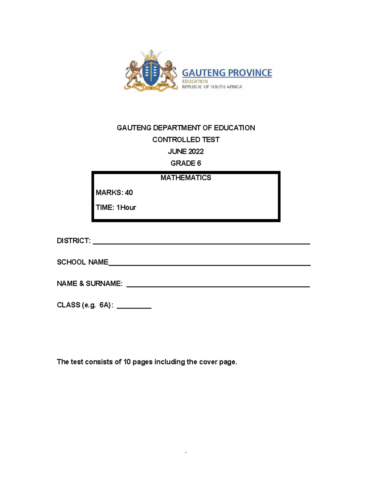Controlled Test Term 2 Grade 6 Mathematics - June 2022 - Studocu