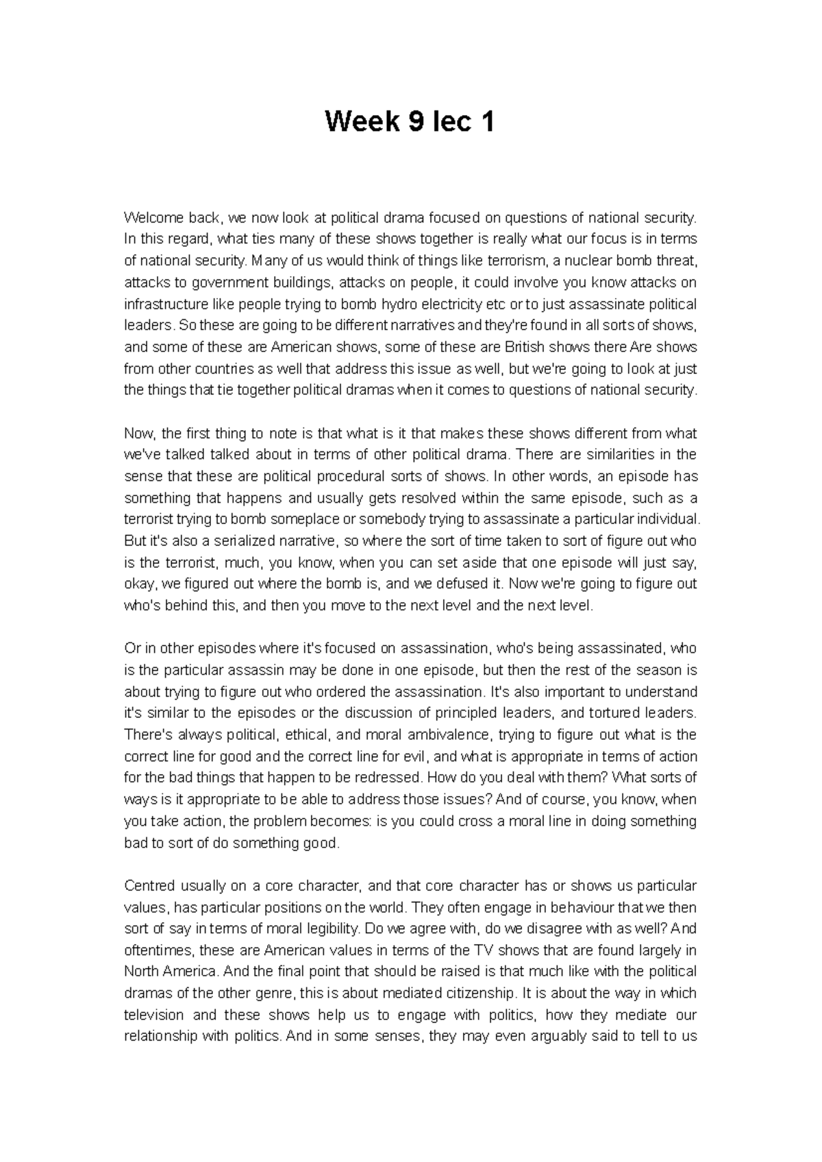 Week 9 Lectures: Political Drama & National Security Insights - Studocu