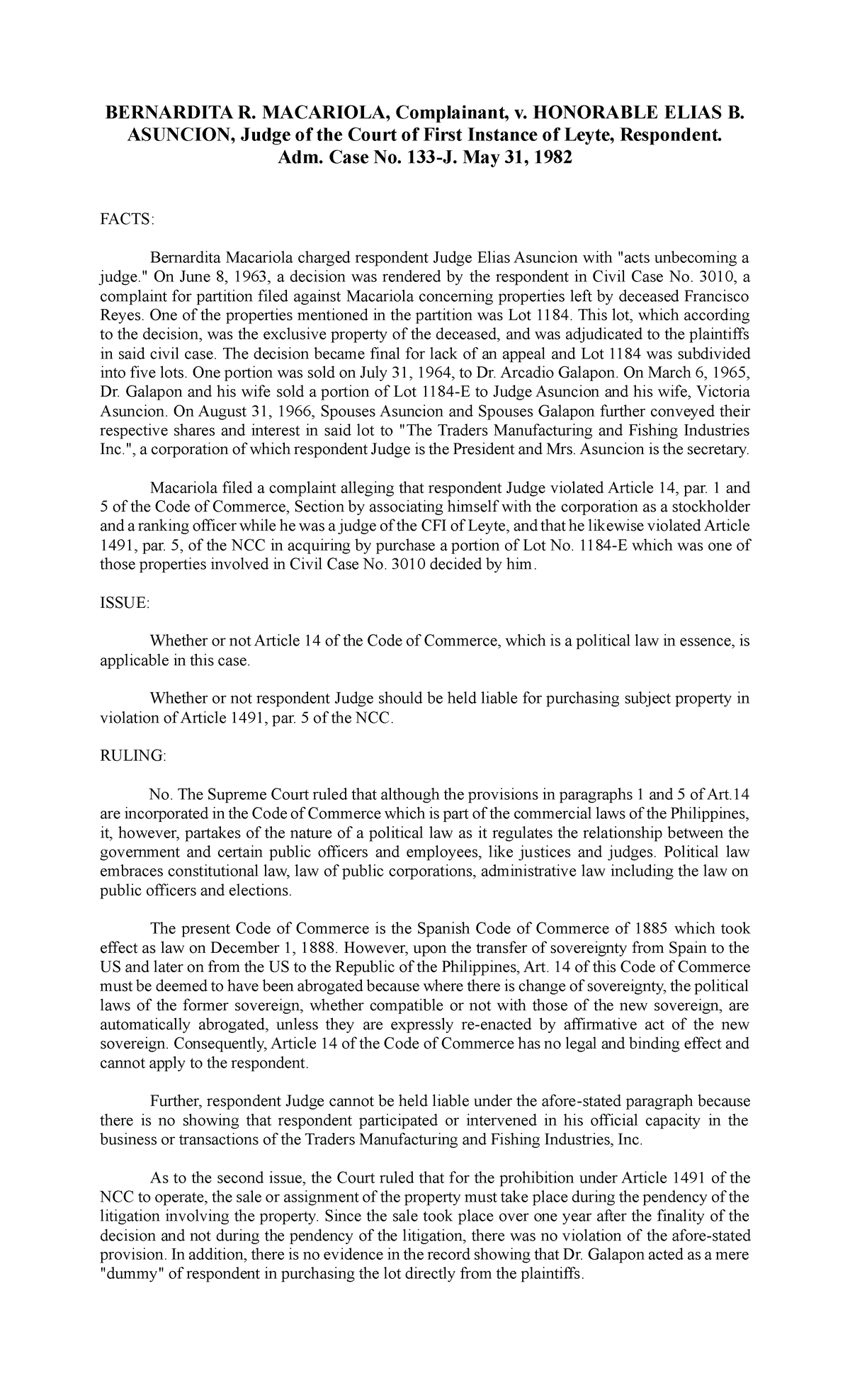Macariola v. Asuncion - Case Digest - BERNARDITA R. MACARIOLA ...