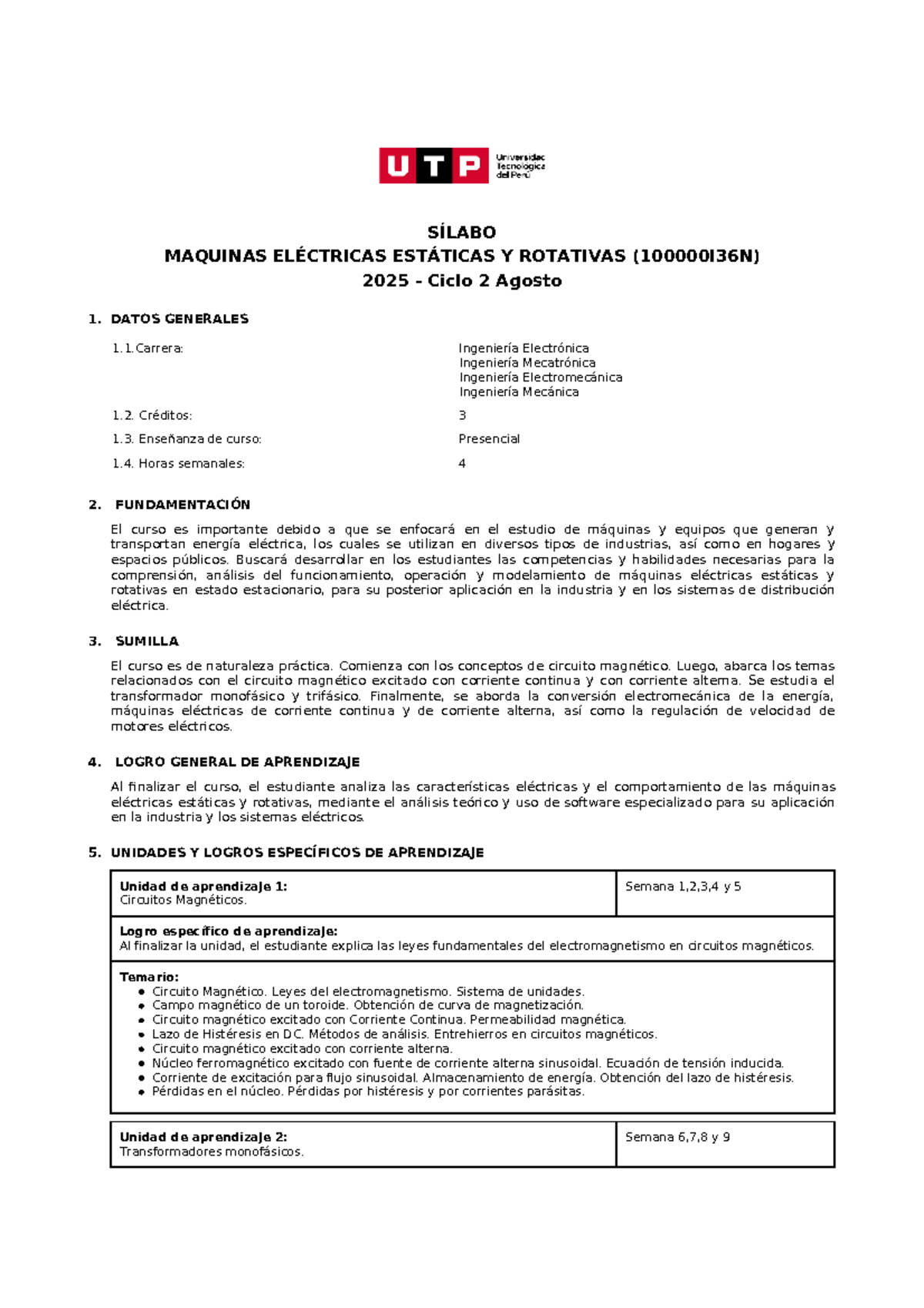 Sílabo de Máquinas Eléctricas Estáticas y Rotativas 2025 - Ciclo 2 - Studocu