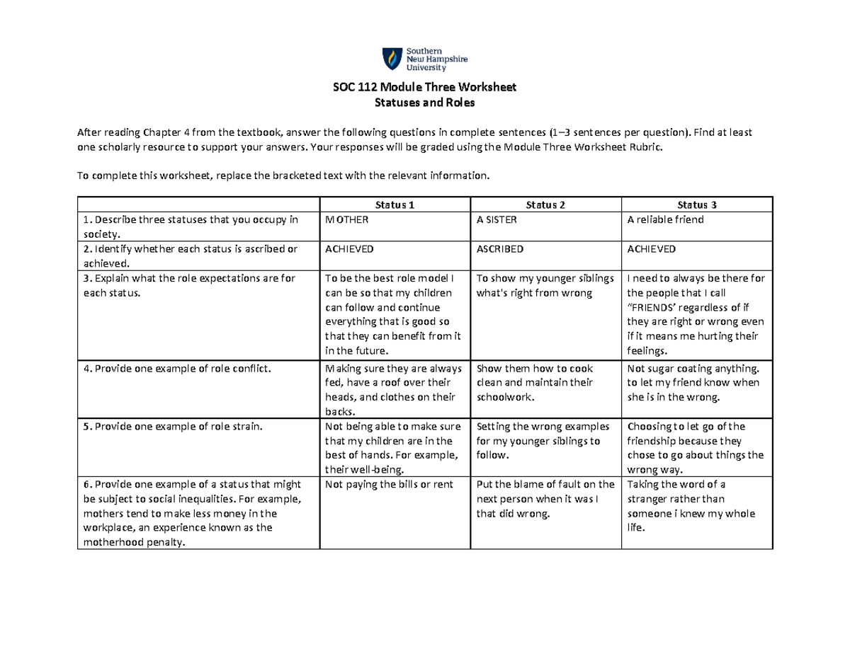 SOC 112 Module Three Worksheet: Statuses and Roles Analysis - Studocu