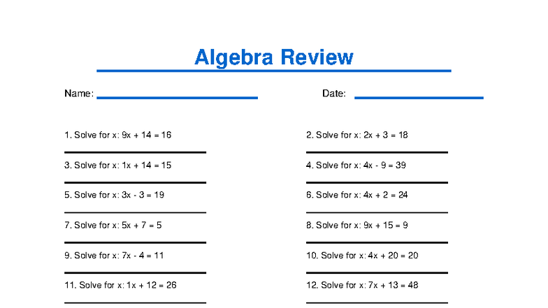 Algebra Review 5 - Practice Problems and Answer Key - Studocu