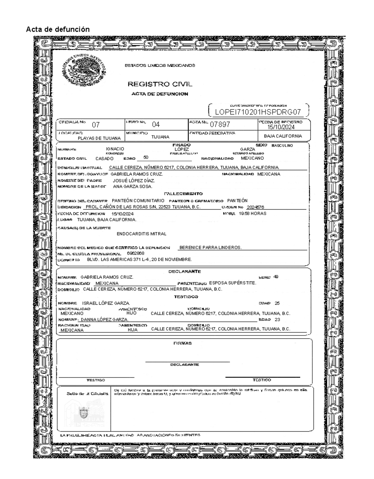 Acta de Defunción Editable - LOPEI710201HSPDRG - Studocu