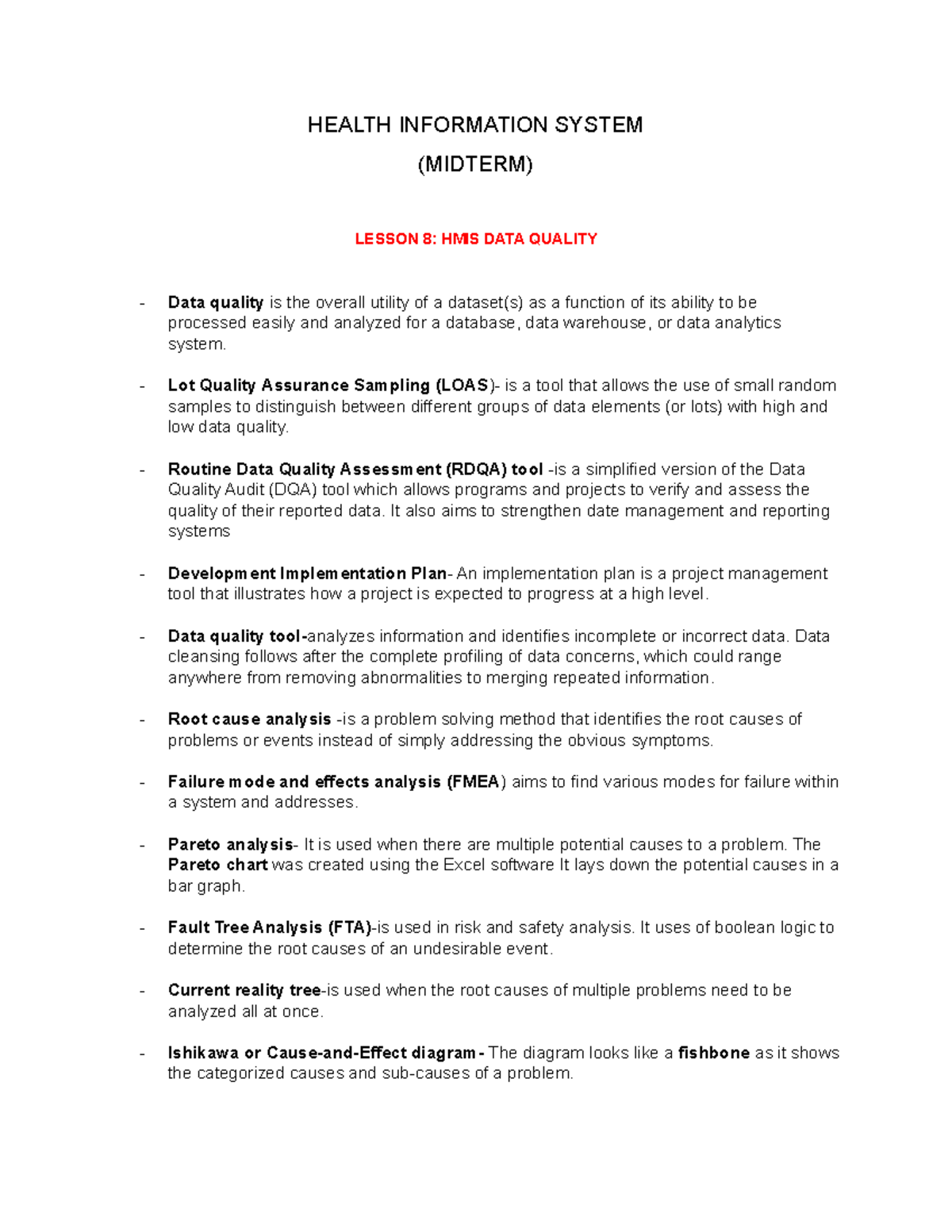 HEALTH INFORMATION SYSTEM (MIDTERM) LESSONS 8-10: DATA QUALITY ...