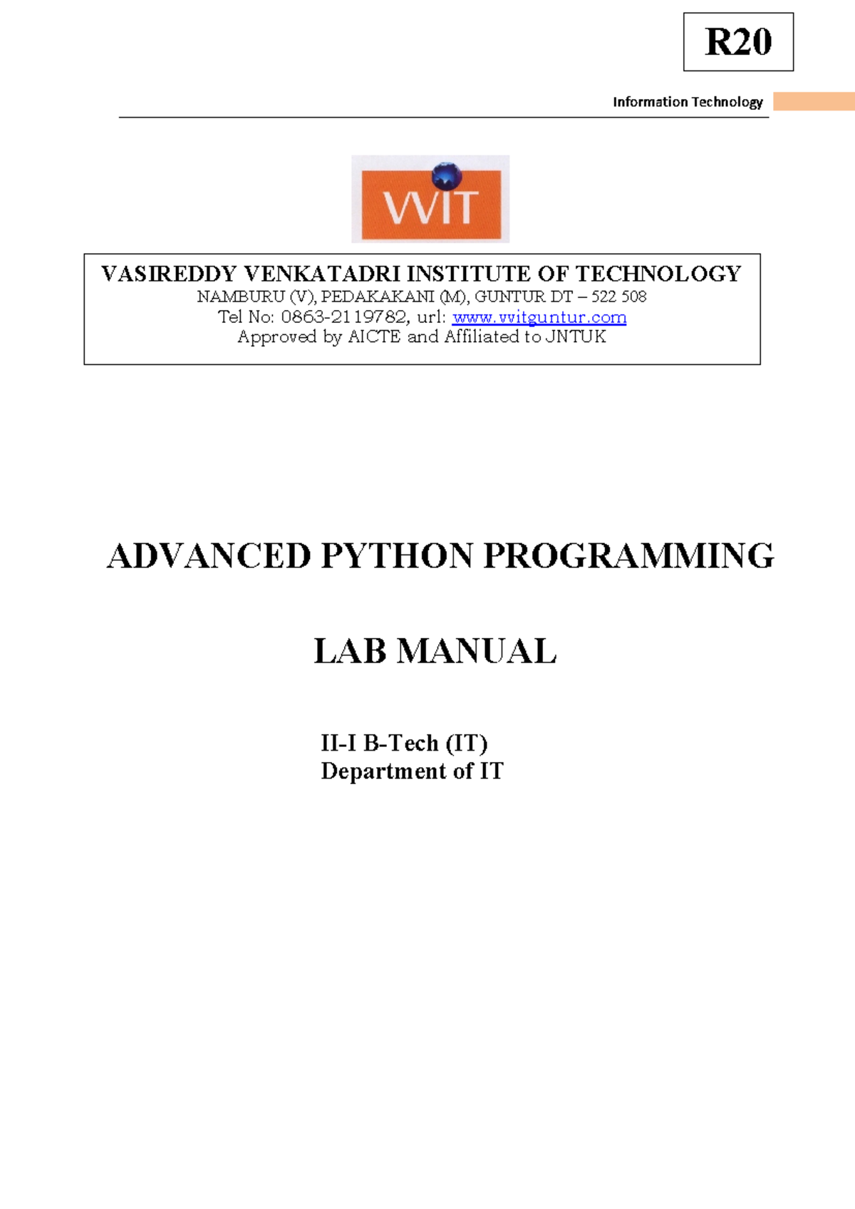 Advanced Python Programming Lab Manual - B.Tech IT (II-I) - Studocu