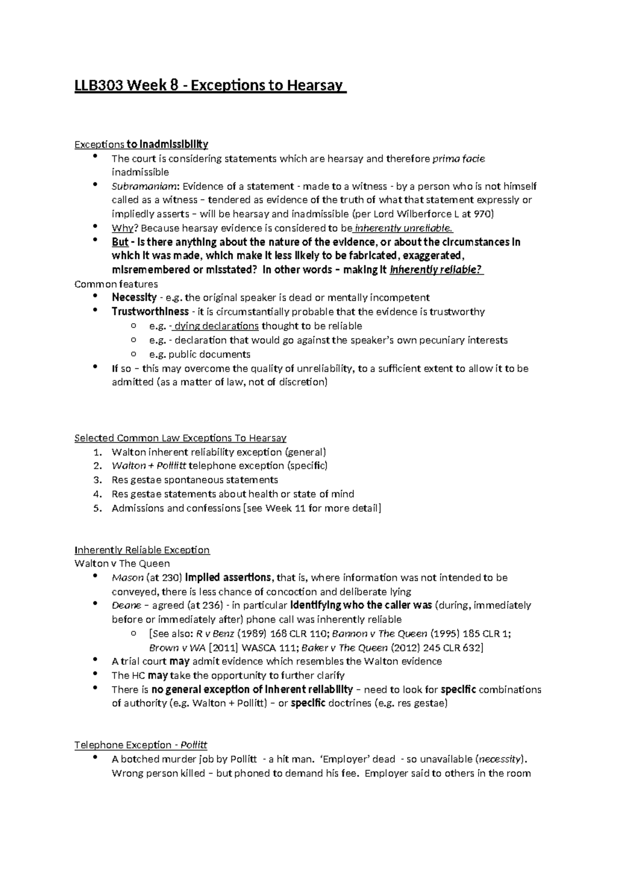 LLB303 Week 8 Lecture Notes: Hearsay Exceptions Explained - Studocu