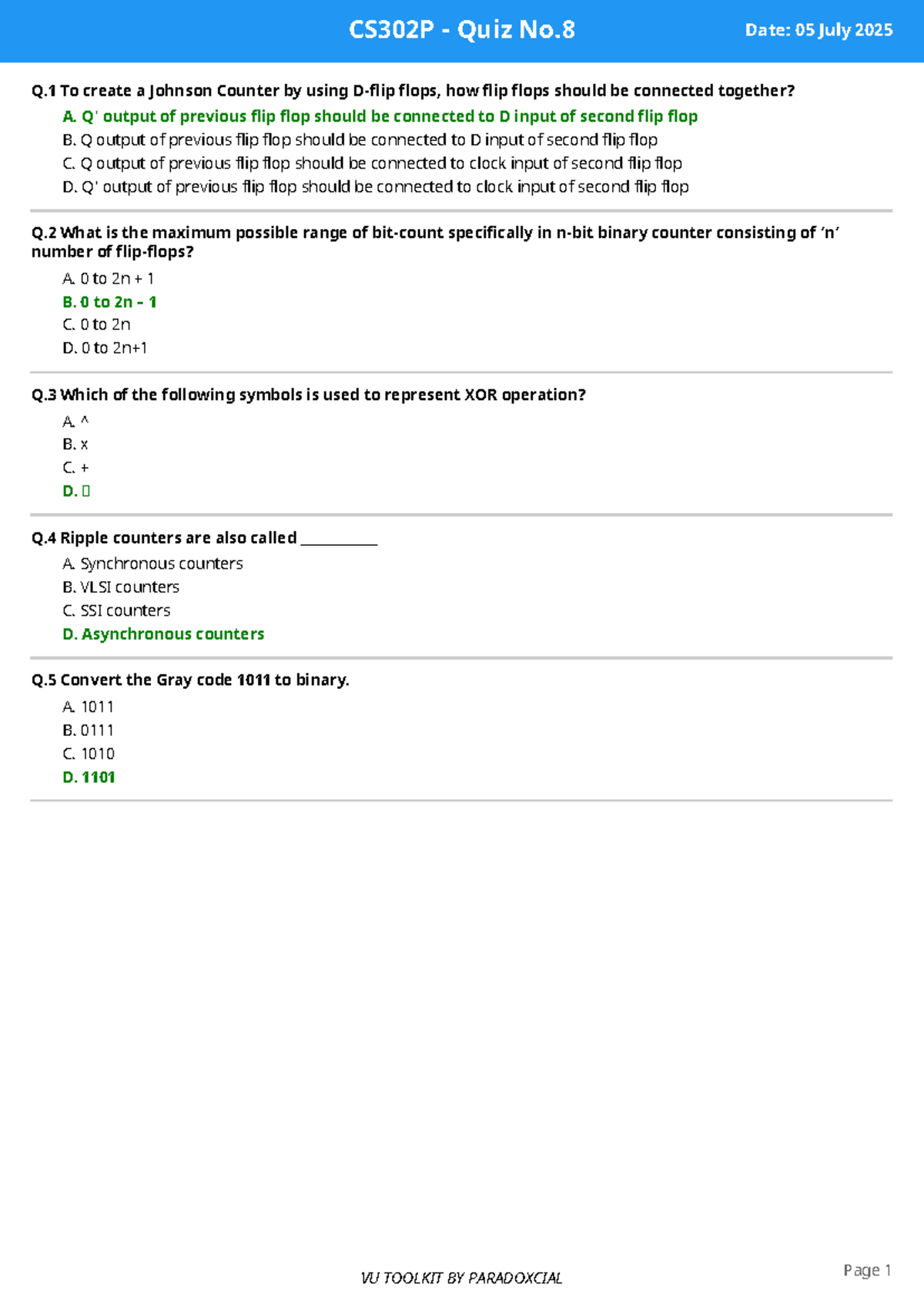 CS302P Quiz No.8: Johnson Counter & Binary Conversions - Studocu