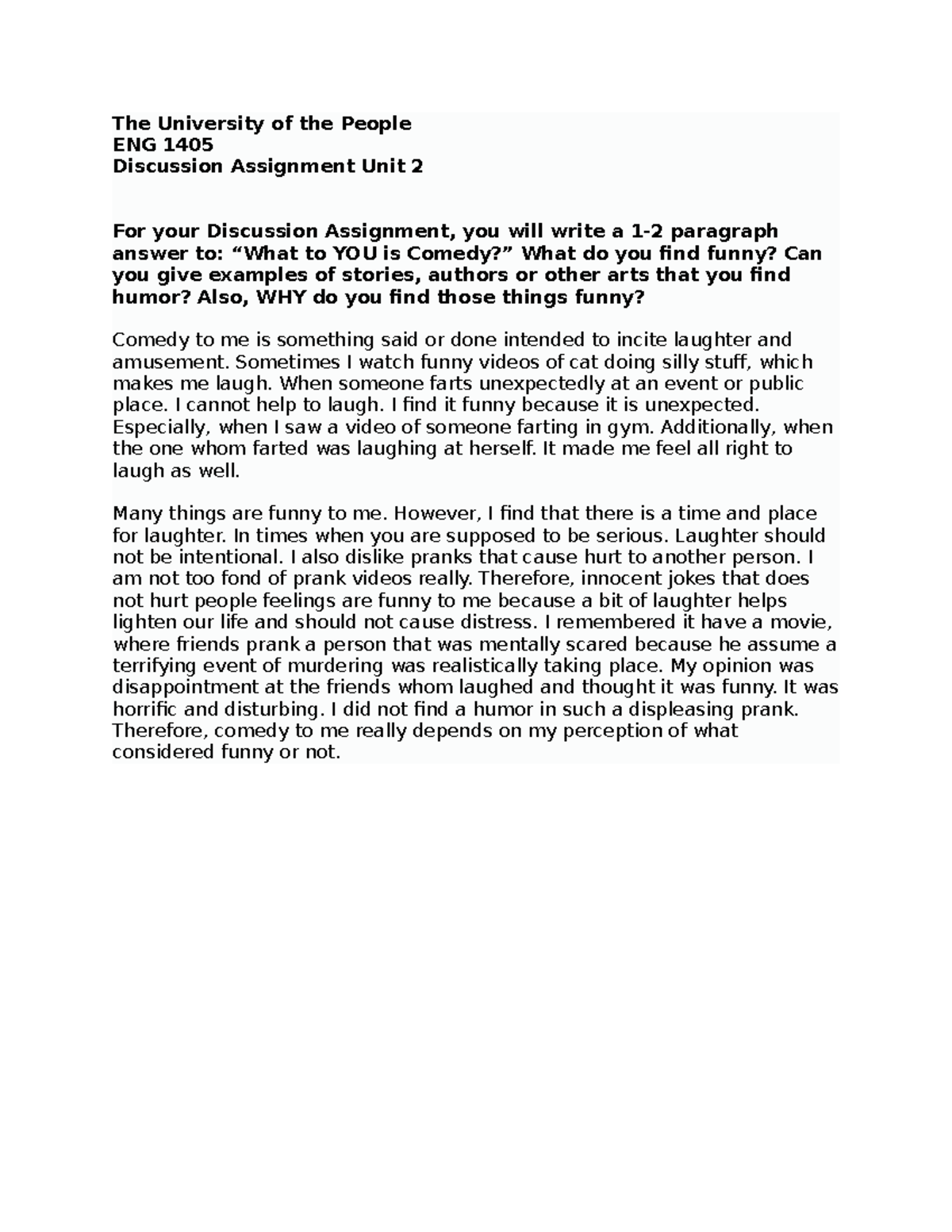 ENGL 1405 Discussion Forum Unit 2 - The University of the People ENG 1405 Discussion Assignment ...