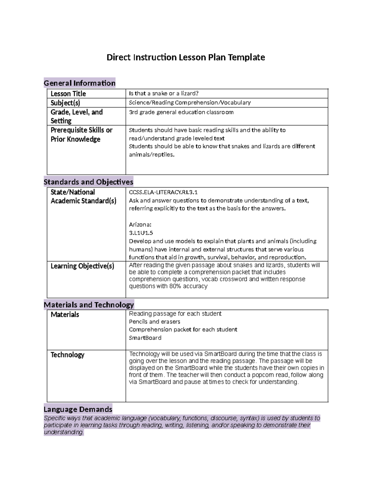 LVM2 Task 1 - 3rd Grade Science Lesson Plan on Snakes vs. Lizards - Studocu