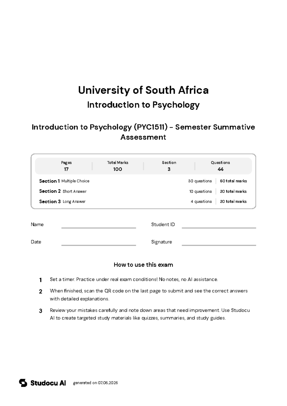 PYC1511 - Introduction to Psychology Final Exam - Studocu