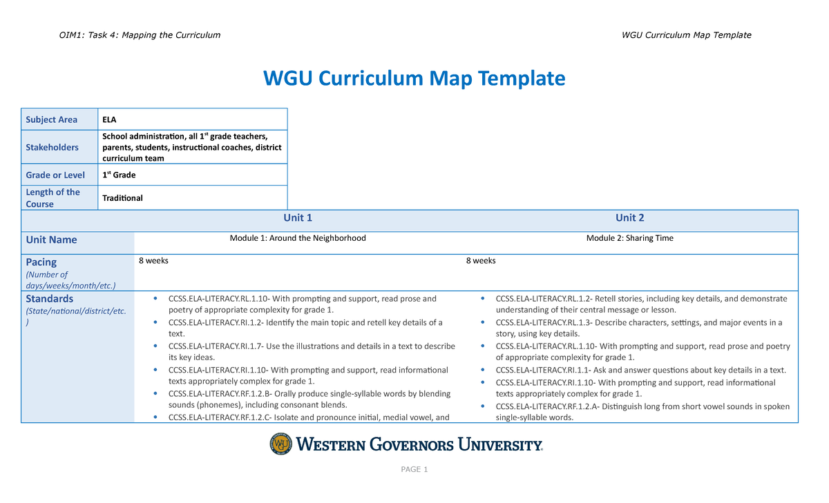 OIM1 Task 4 - ELA Curriculum Mapping for 1st Grade Units - Studocu