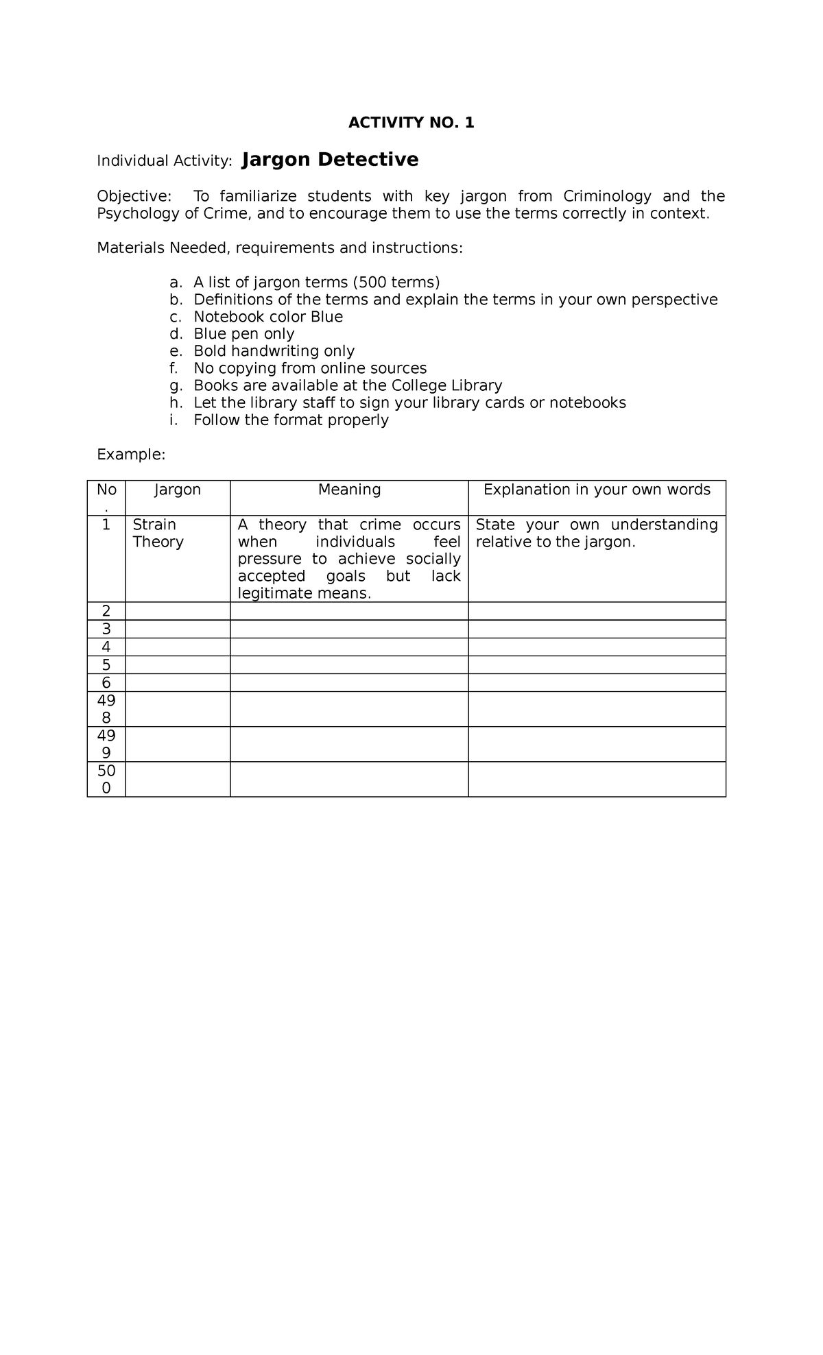 ACTIVITY NO. 1: Jargon Detective in Criminology (ACT - WLA) - Studocu