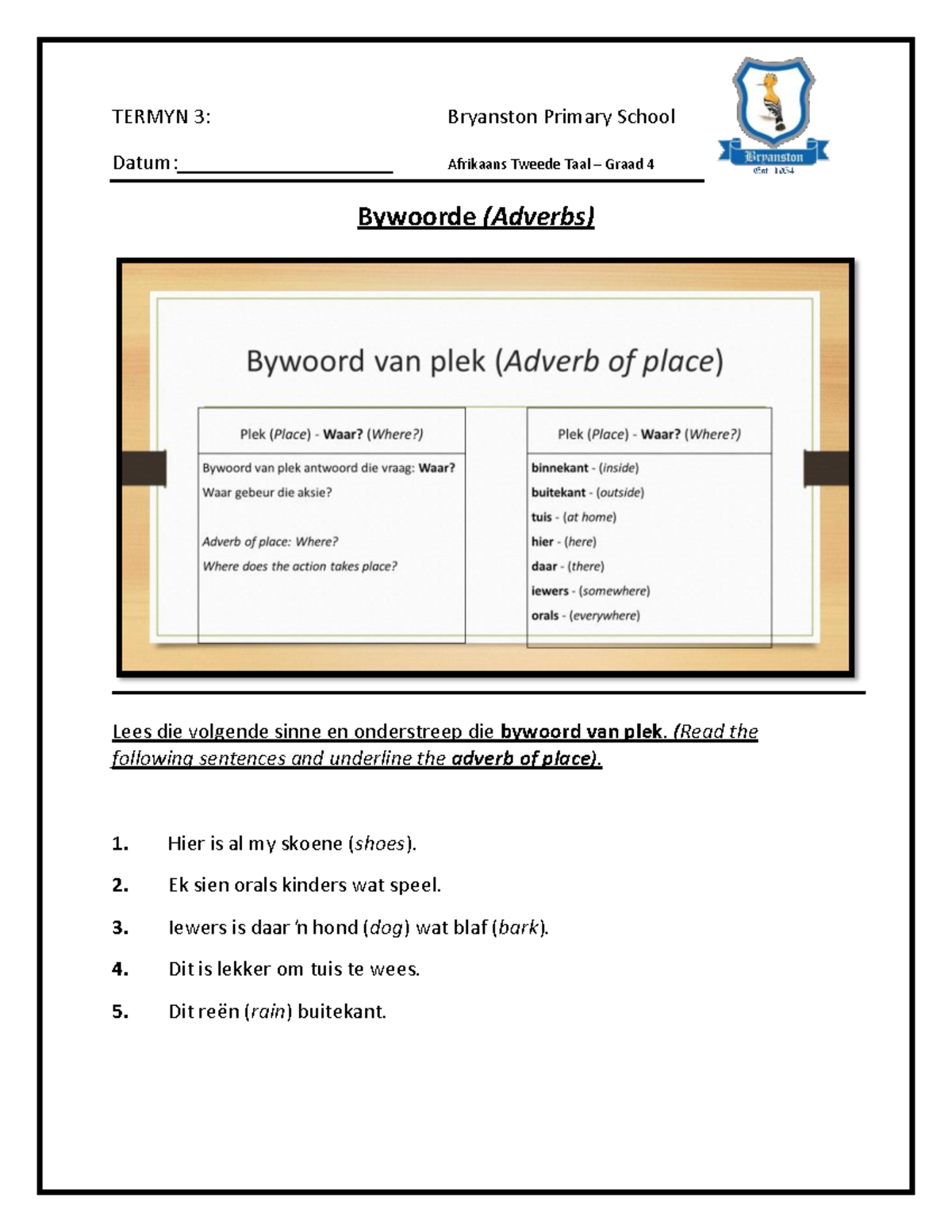 Bywoorde-Werkkaart: Afrikaans Tweede Taal Graad 4 Adverbs Exercise ...