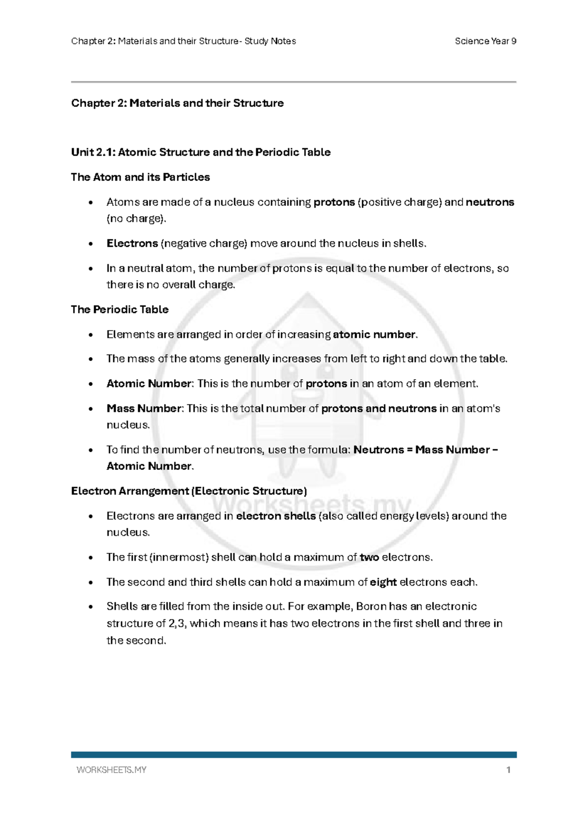 Ch2: Science Year 9 Study Notes on Materials & Atomic Structure - Studocu
