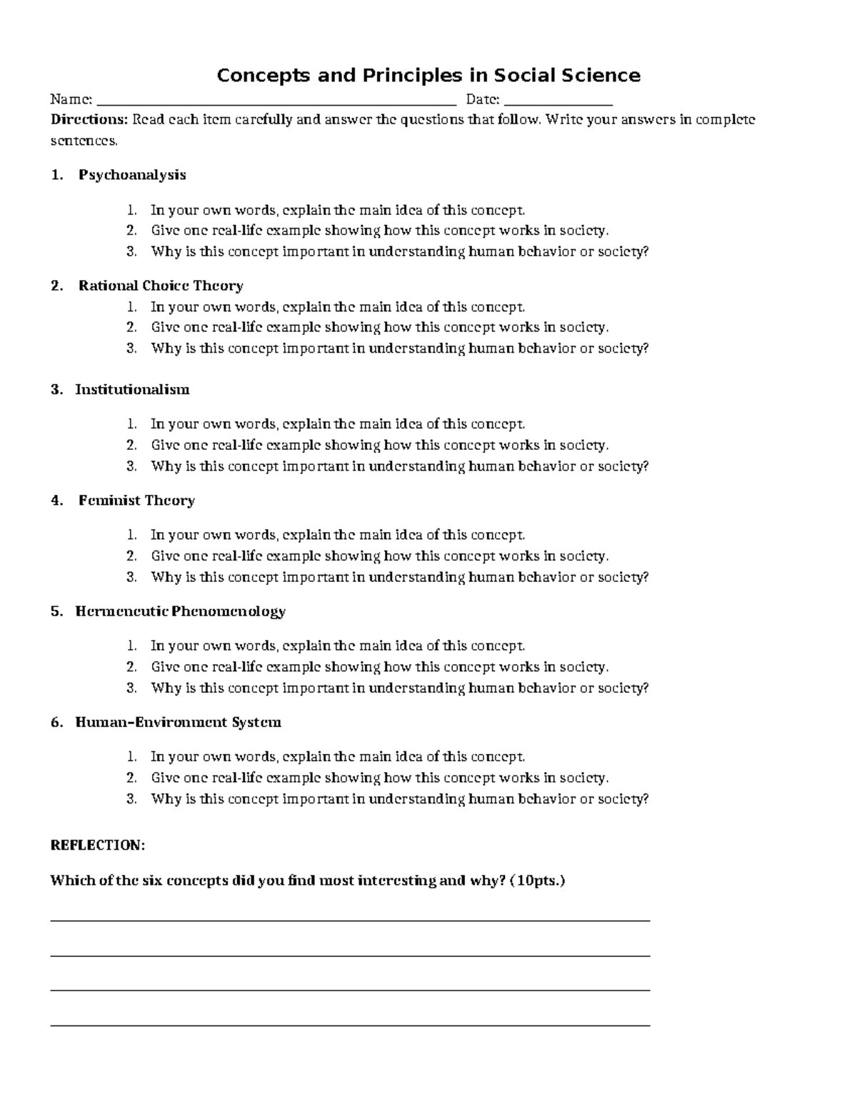 Social Science Concepts Worksheet: Key Principles & Reflections - Studocu