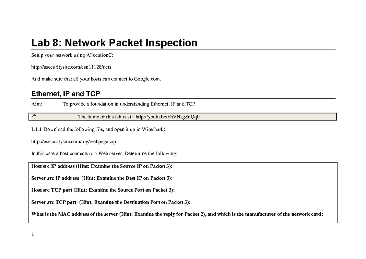 Lab08 Netw Packet Inspect - Lab 8 : Network Packet Inspection Setup your network using ...