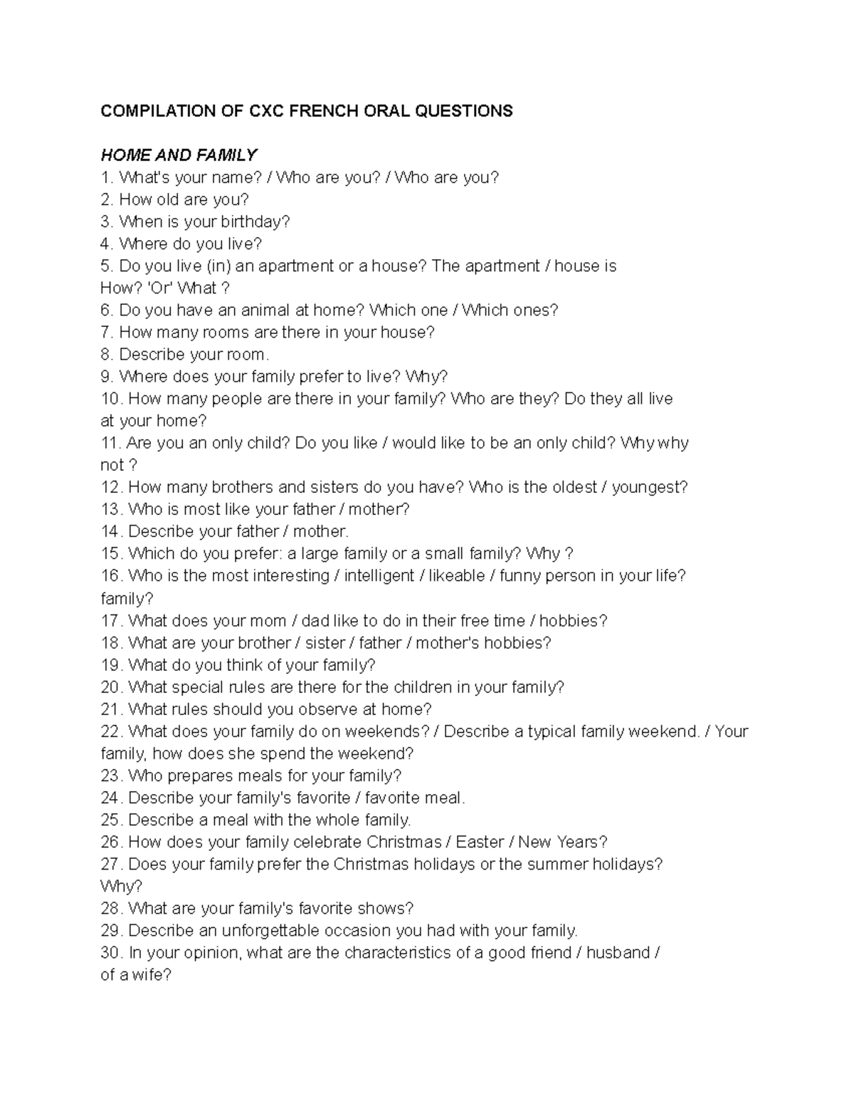 Copy of CXC French Oral Questions - COMPILATION OF CXC FRENCH ORAL ...