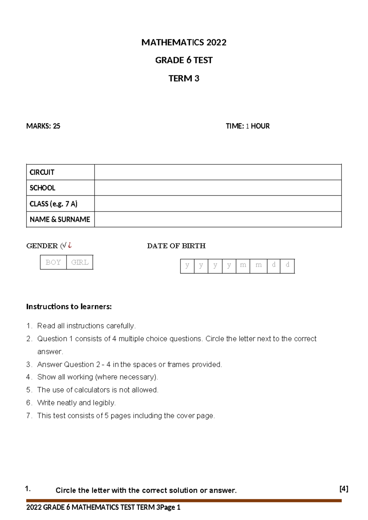Grade 6 Mathematics Test - Term 3 2022 - 25 Marks Exam - Studocu