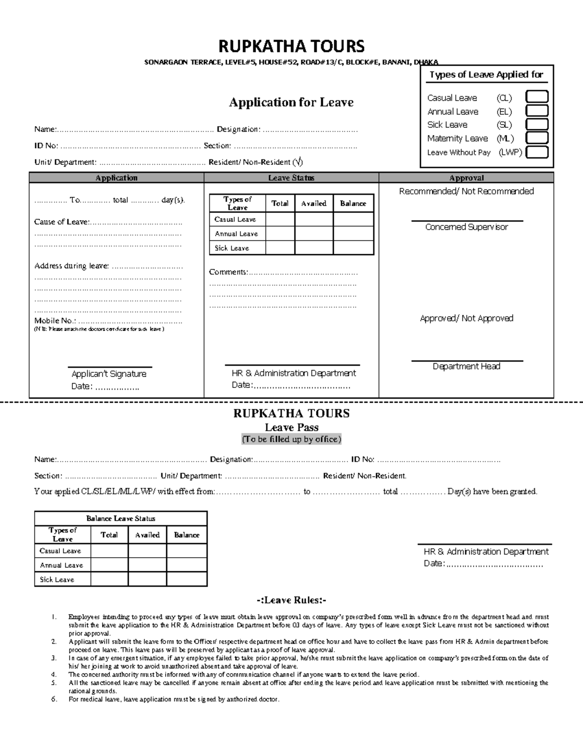 Leave Application Form Sample - RUPKATHA TOURS HR Admin - Studocu