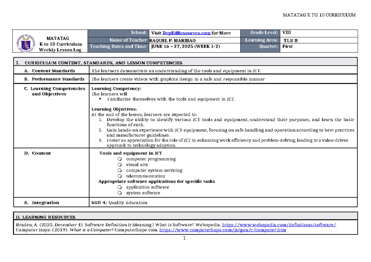 DLL Matatag TLE 8 Q1 W1 - Weekly Lesson Log on ICT Tools - Studocu