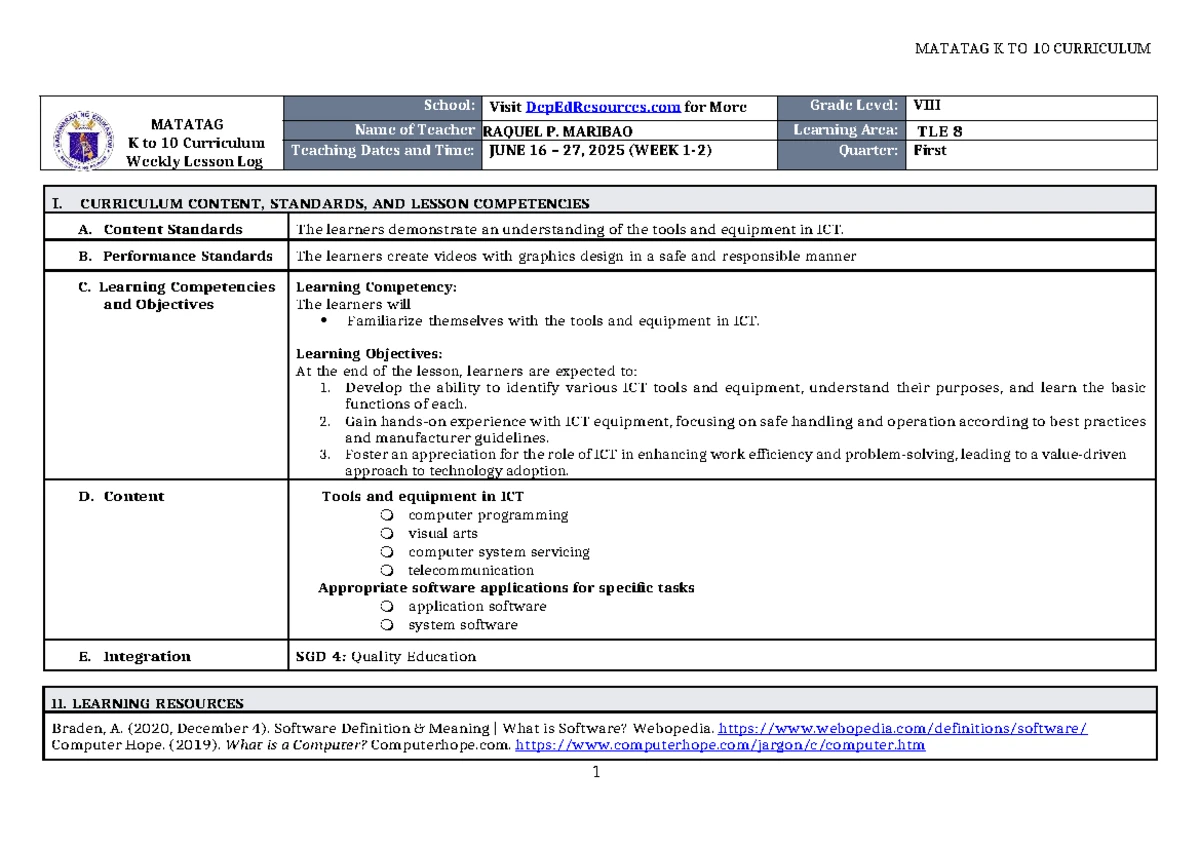 Grade 9 TLE Lesson Plan: Agricultural Crop Production (Q1 W1) - Studocu