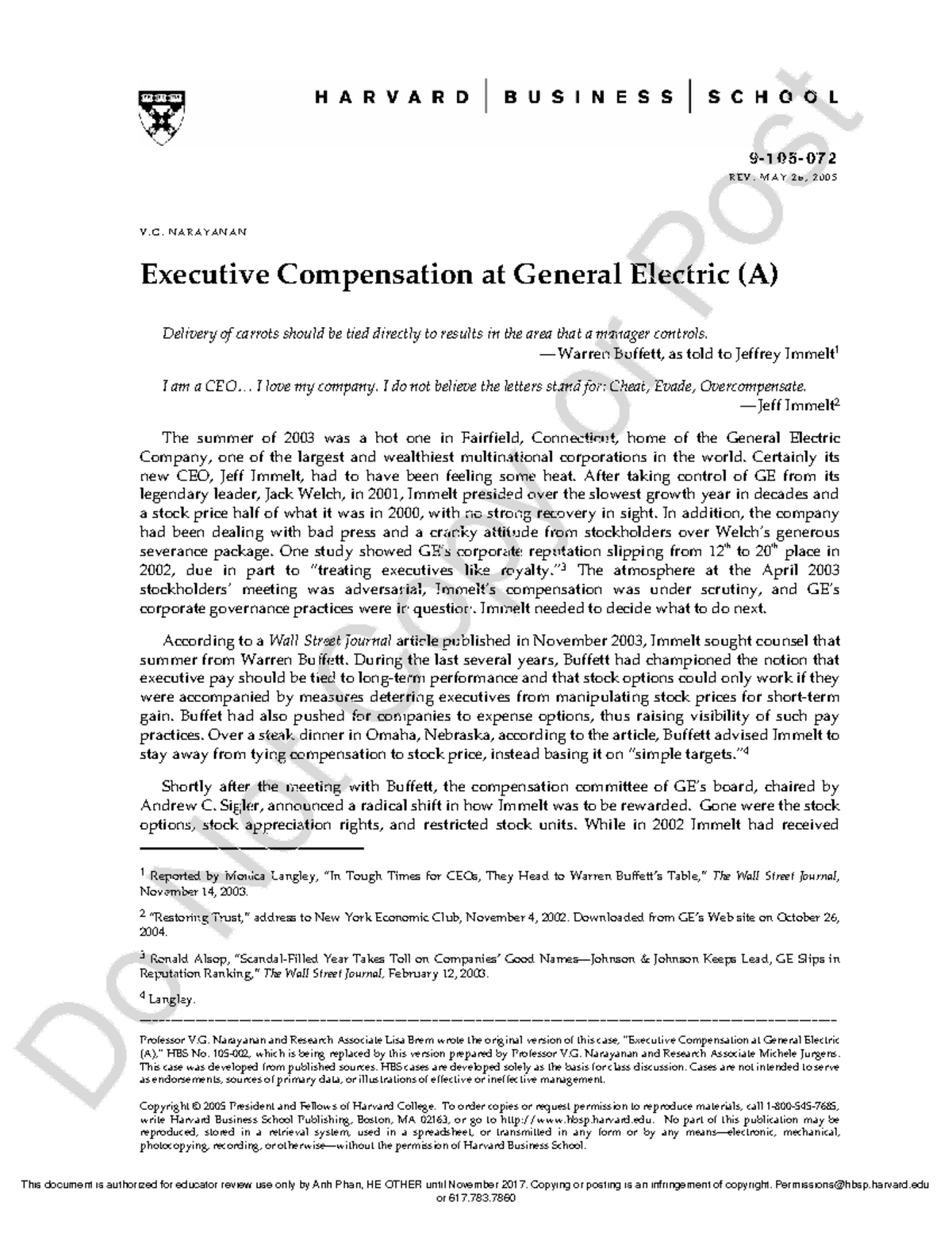 Executive Compensation at General Electric (A) Case Study Analysis ...